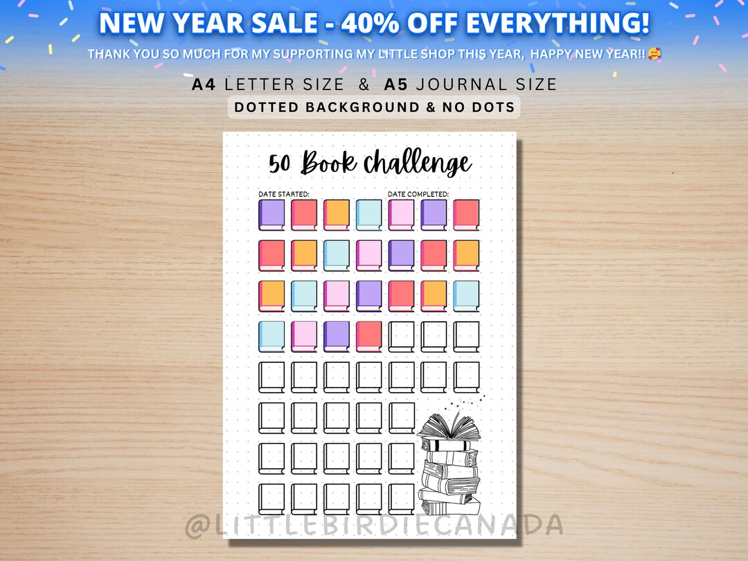 50 Book Reading Challenge - PRINTABLE Journal Page - Reading Tracker ...