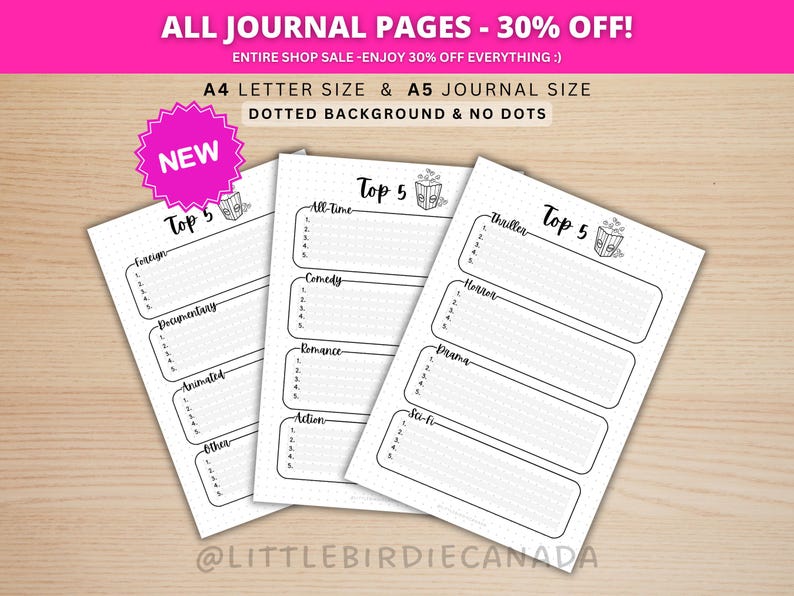 Top 5 Movie Tracker - PRINTABLE Journal Page - Printable Planner Page ...