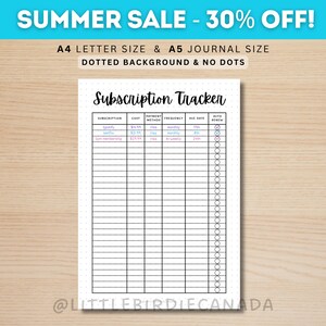 Subscription Tracker - PRINTABLE Journal Page - Planner Page - Expense ...