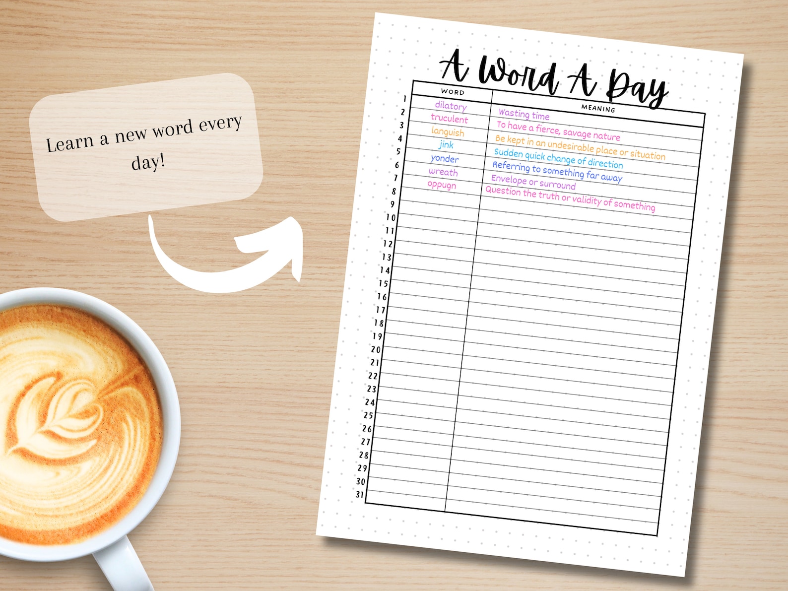 A Word A Day - PRINTABLE Journal Page - New Word A Day - Daily Word ...