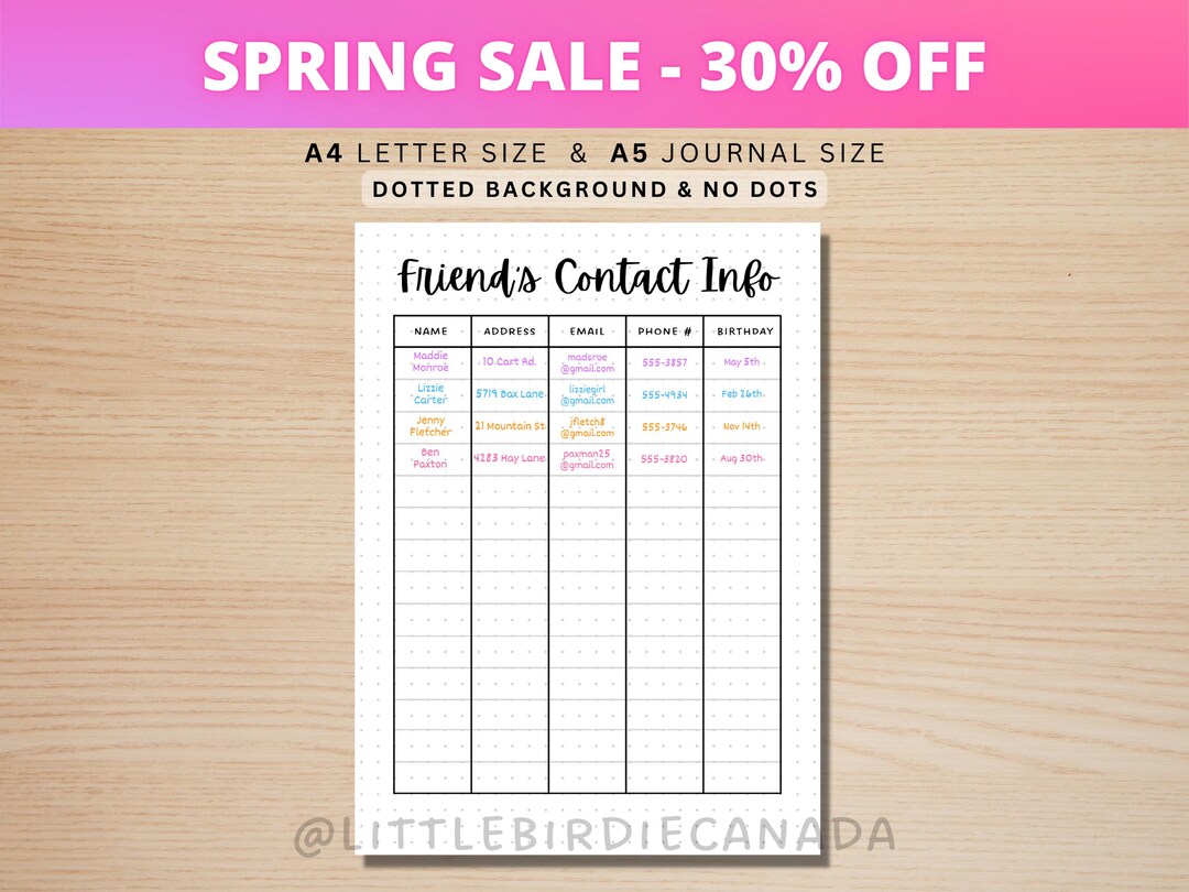 Friend's Contact Info - PRINTABLE Journal Page - Address Book - Address ...