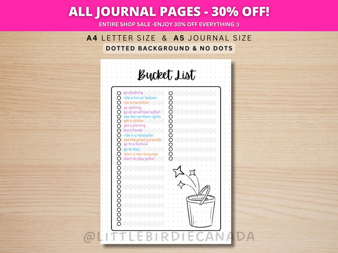 Bucket List - PRINTABLE Journal Page - Life Goals List - Goal Tracker ...