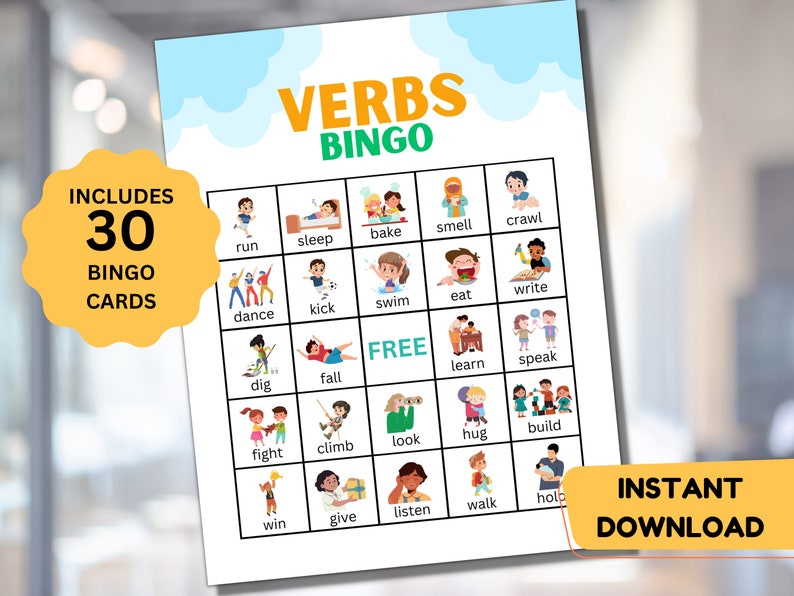 Verbs Bingo Game for Kids Action Verbs Educational Printable - Etsy