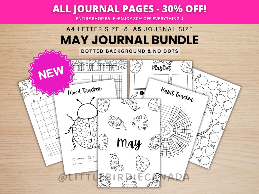 May Journal Bundle - Ladybug - PRINTABLE Journal Pages - BLACK & WHITE ...