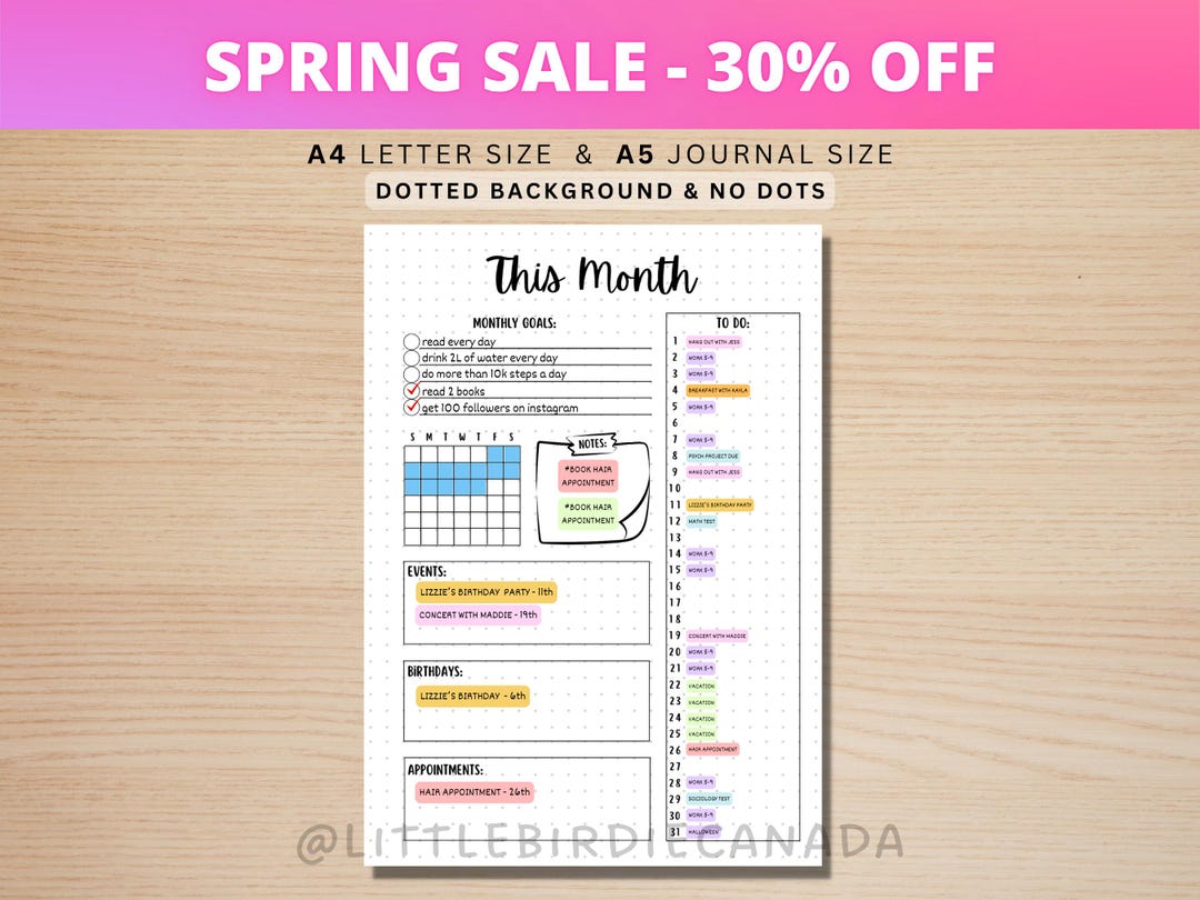 Monthly Planner - Monthly Calendar -PRINTABLE Journal Page - Planner ...