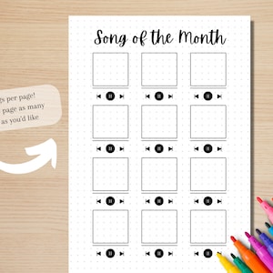 Song of the Month Music Playlist Page A5 Journal Page PRINTABLE Yearly ...