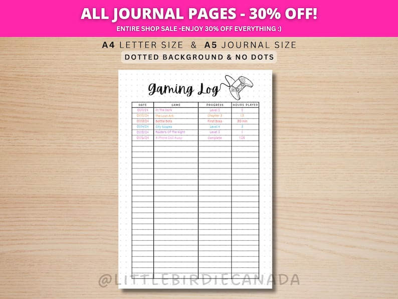 Gaming Log - PRINTABLE Journal Page - Video Game Log - Video Game ...