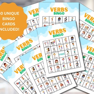 Verbs Bingo Game for Kids Action Verbs Educational Printable Game ...