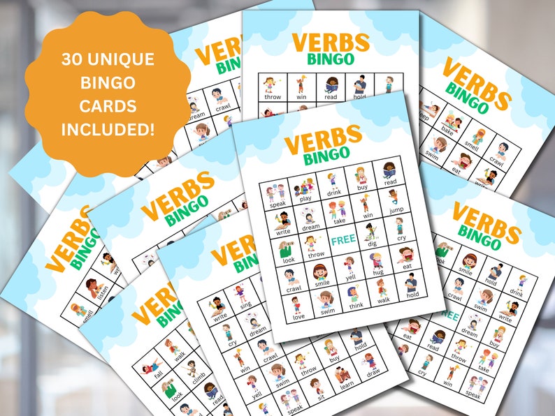 Verbs Bingo Game for Kids Action Verbs Educational Printable Game ...