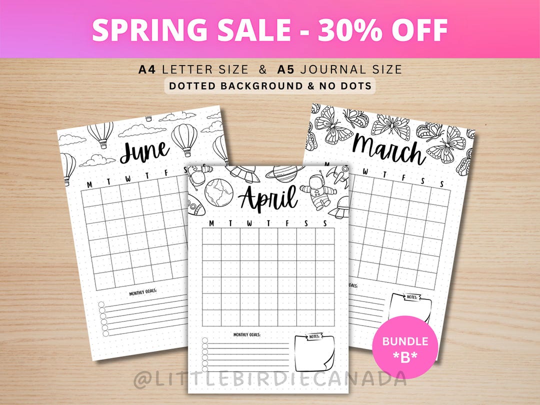 12 Month Calendar - BUNDLE B - Journal Calendar Template - Monthly ...