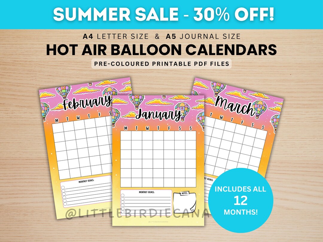 Hot Air Balloon Calendar Bundle - Journal Calendar Page - PRINTABLE ...