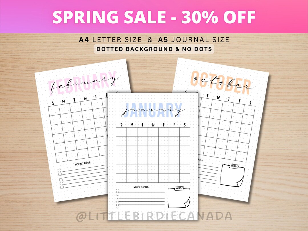 12 Month Calendar Pages - A5 Journal Monthly Calendar Template ...