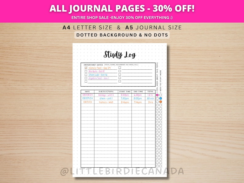 Study Log - PRINTABLE Journal Page - Student Journal - Student Planner ...