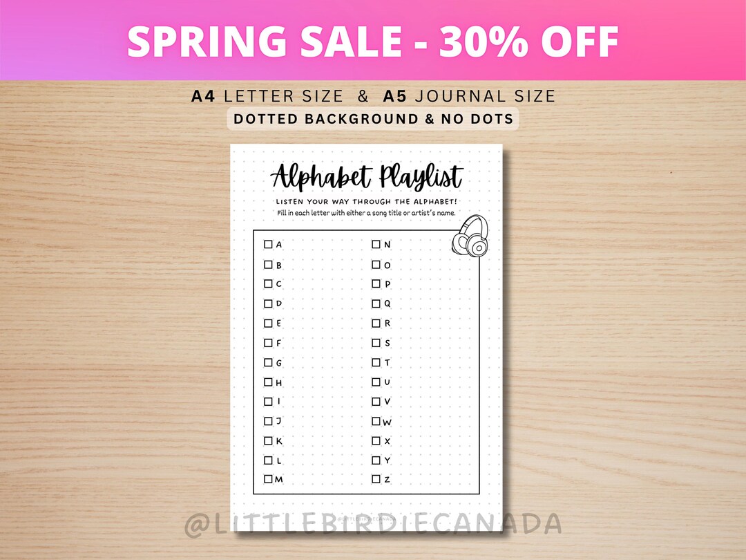 Alphabet Playlist Challenge - PRINTABLE Journal Page - Planner Page ...