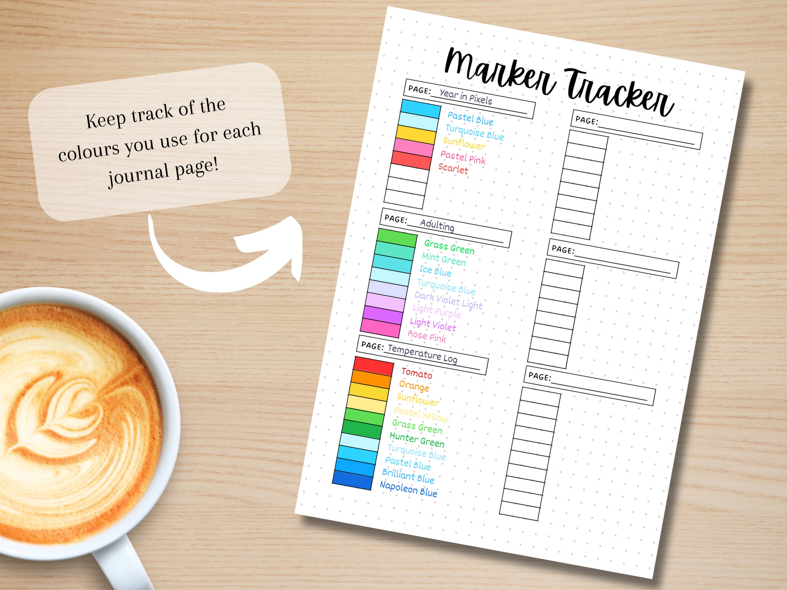 Marker Tracker - PRINTABLE Journal Page - Planner Page - Journal Color ...