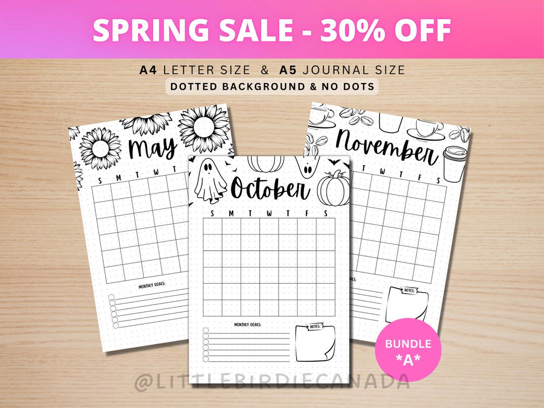 12 Month Calendar - BUNDLE A - Journal Calendar Template - Monthly ...