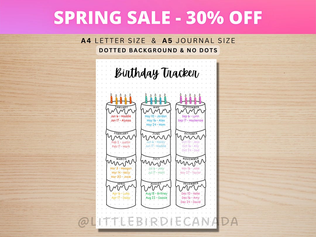 Birthday Tracker - PRINTABLE Journal Page - Birthday Calendar ...