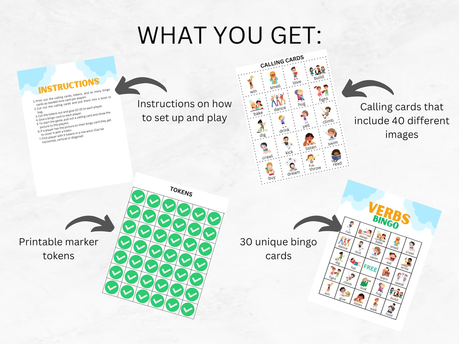 Verbs Bingo Game for Kids Action Verbs Educational Printable Game ...