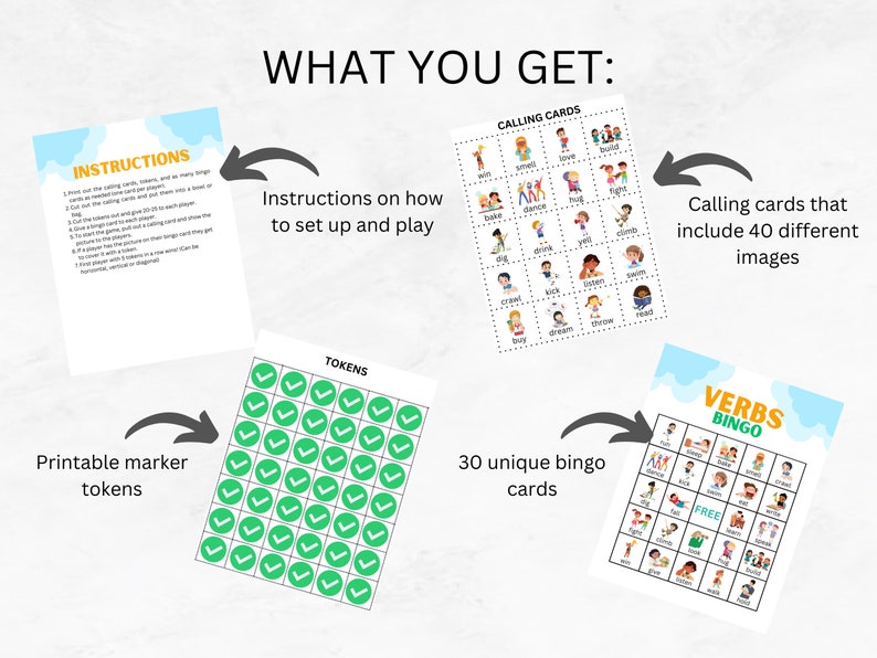 Verbs Bingo Game for Kids Action Verbs Educational Printable Game ...