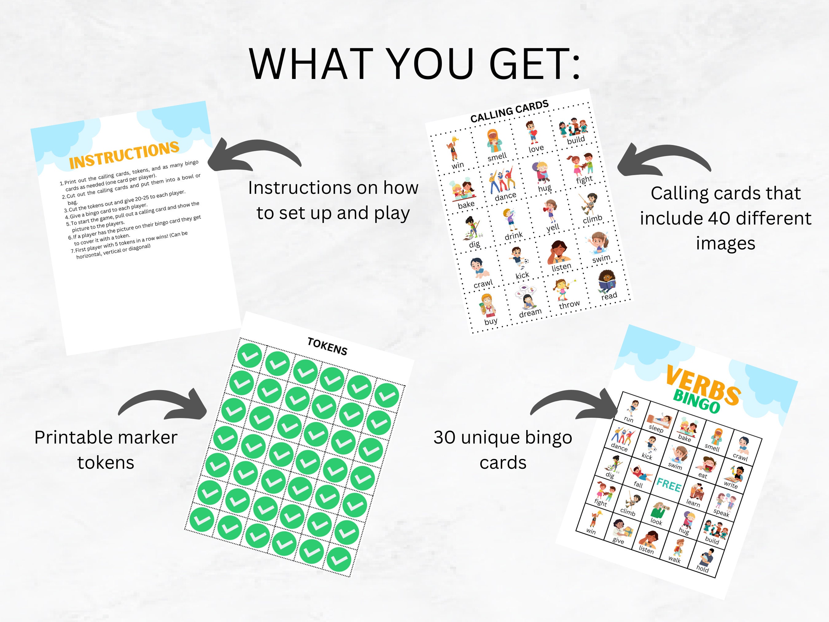 Verbs Bingo Game for Kids Action Verbs Educational Printable - Etsy ...
