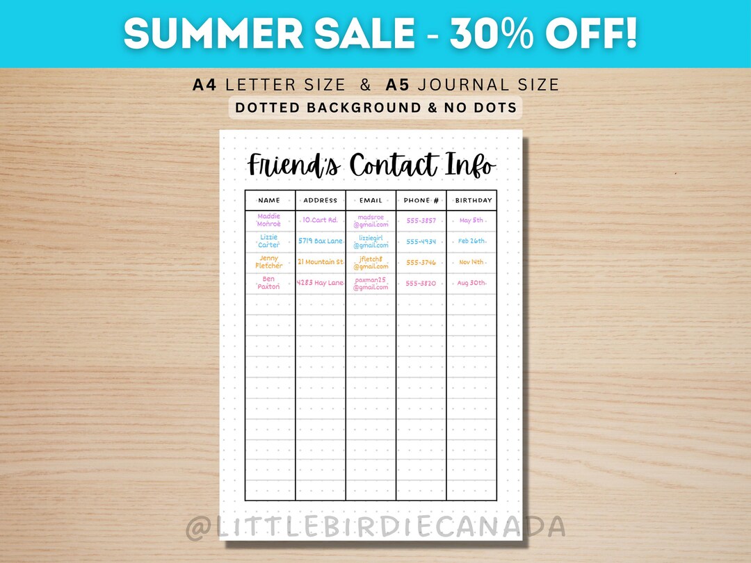 Friend's Contact Info - PRINTABLE Journal Page - Address Book - Address ...