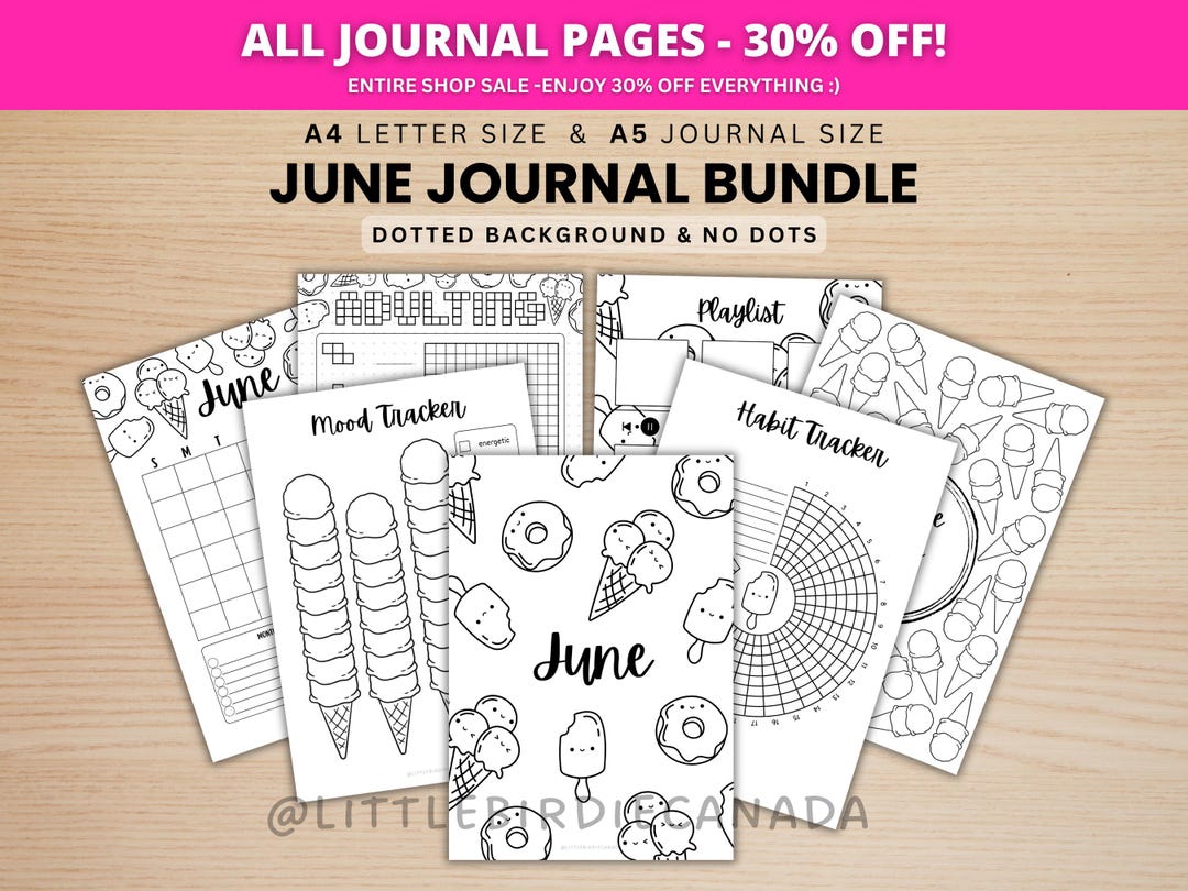 June Journal Bundle - Ice Cream - PRINTABLE Journal Pages - BLACK ...
