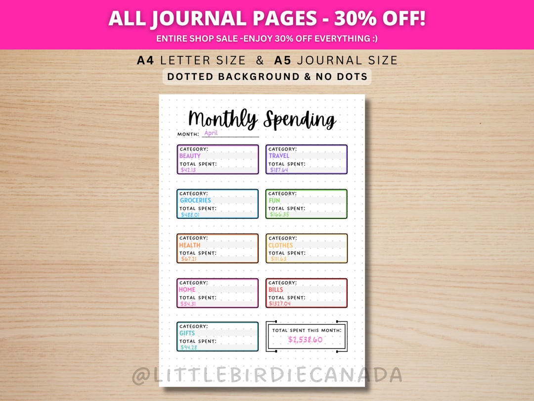 Monthly Spending Tracker - PRINTABLE Journal Page - Planner Page ...