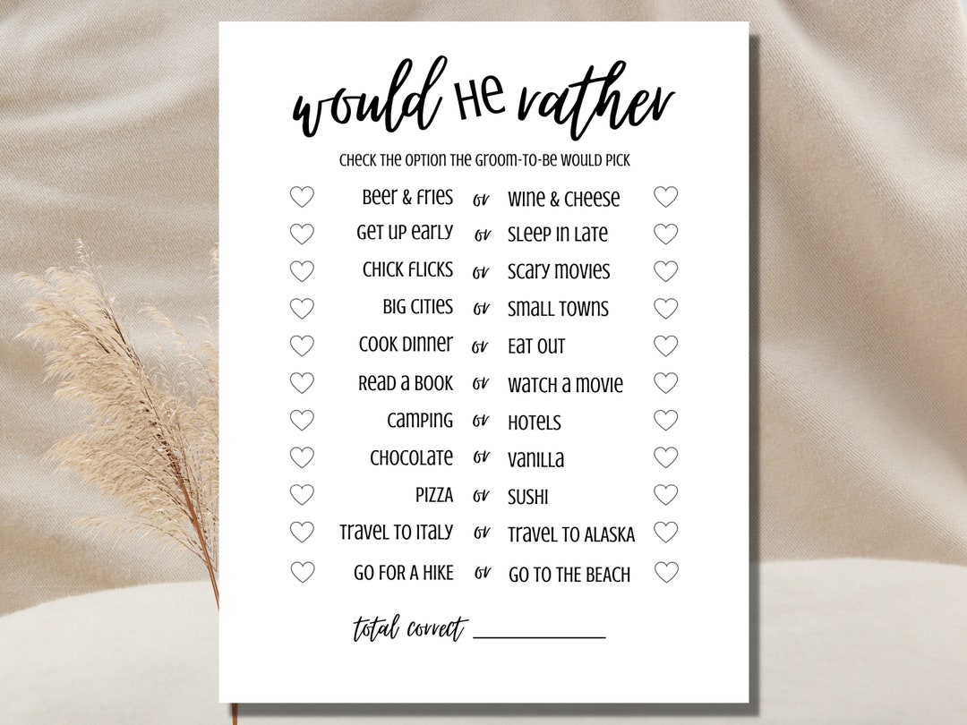 Would He Rather Wedding Shower Game Minimalist This or That Game ...