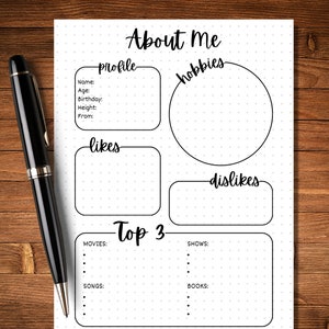 About Me Journal Page - PRINTABLE Journal Page - Info Page - Profile ...