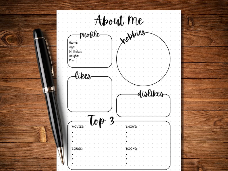 About Me Journal Page - PRINTABLE Journal Page - Info Page - Profile ...