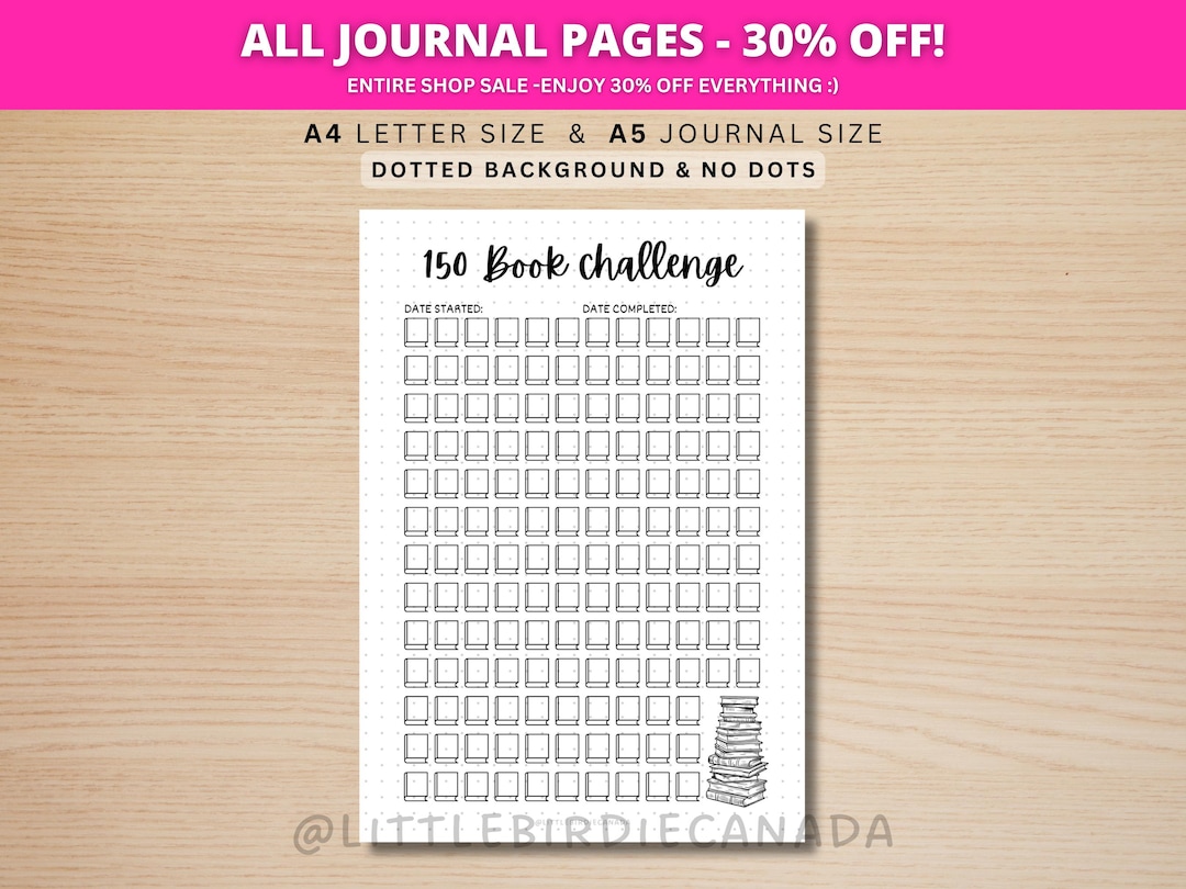 150 Book Reading Challenge - A5 Journal Page - Reading Tracker ...