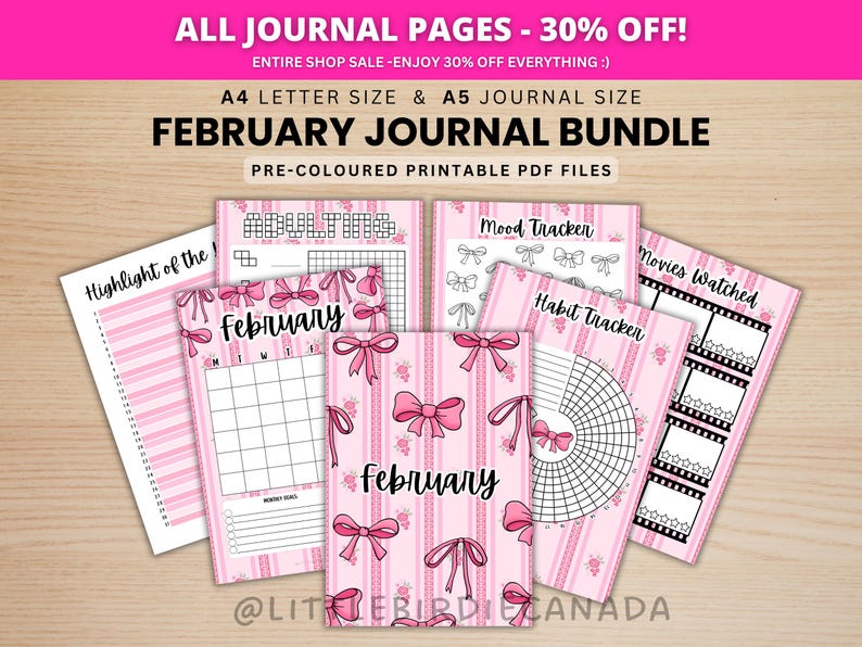 February Journal Bundle - Bows - PRINTABLE Journal Pages - PRE-COLOURED ...