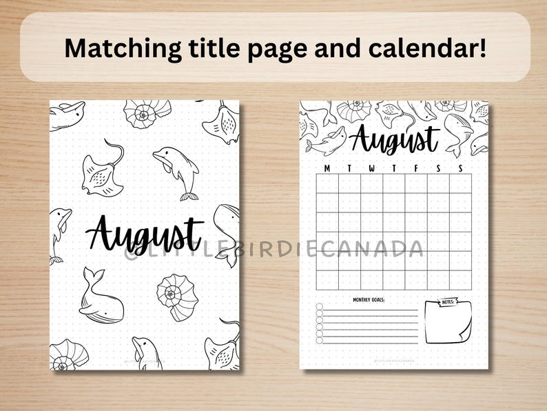 August Title Page and Calendar - PRINTABLE Calendar - Sea Creature ...