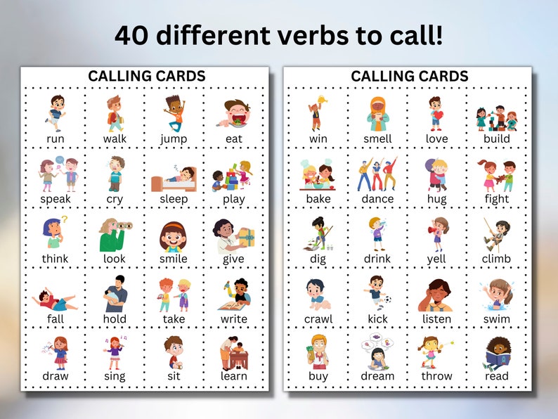 Verbs Bingo Game for Kids Action Verbs Educational Printable Game ...