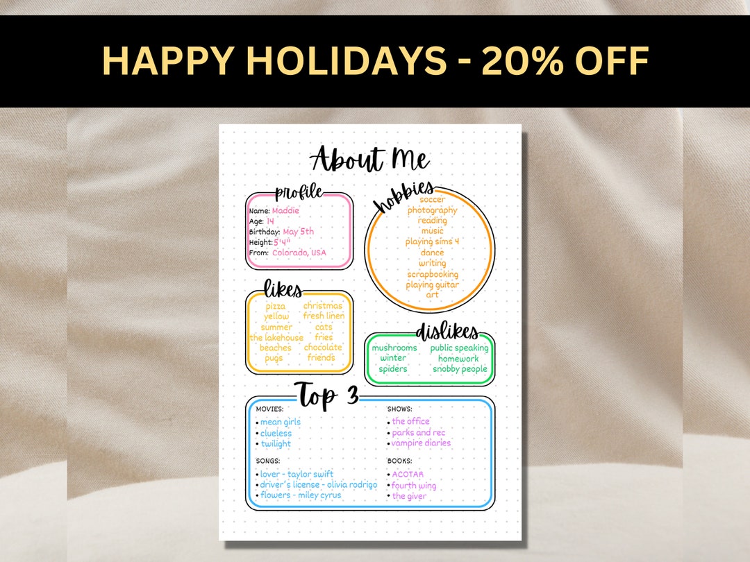 About Me Journal Page A5 Journal Page Printable Tracker Hobbie Tracker ...