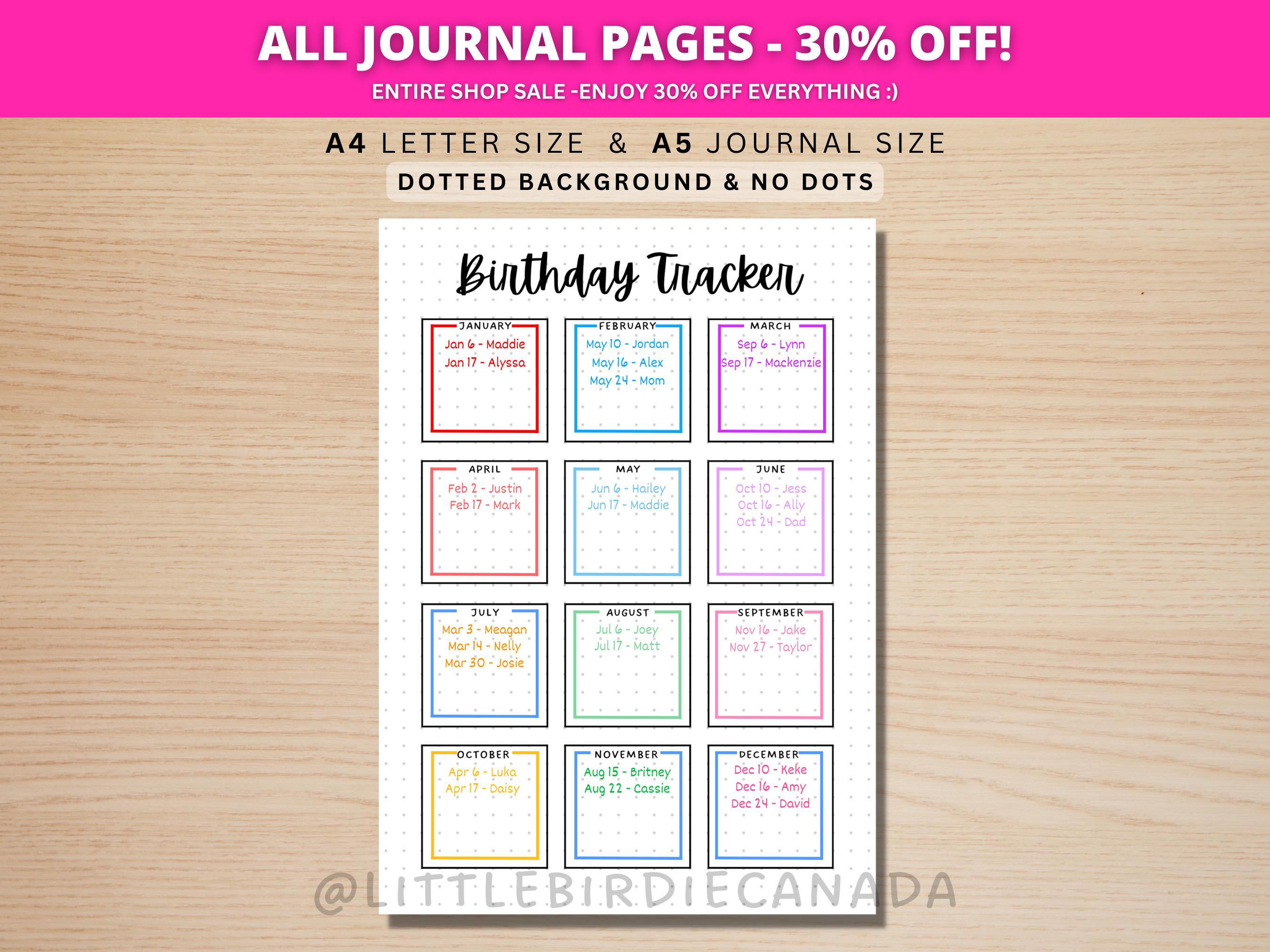 Birthday Tracker - PRINTABLE Journal Page - Birthday Calendar ...
