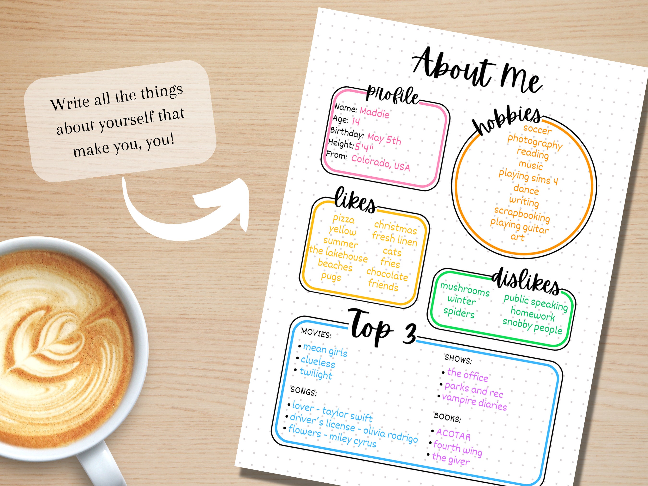 About Me Journal Page - PRINTABLE Journal Page - Info Page - Profile ...