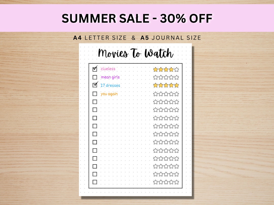 Movies to Watch PRINTABLE Journal Page Planner Page Movie Watching ...