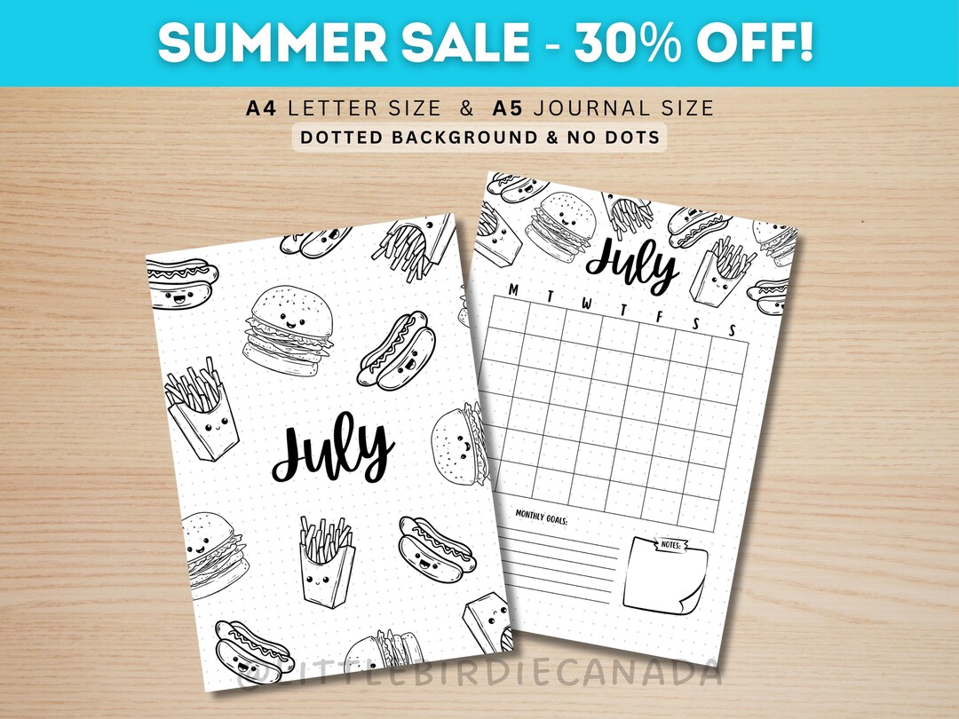 July Title Page - Burger and Fries - July Calendar - PRINTABLE Calendar ...