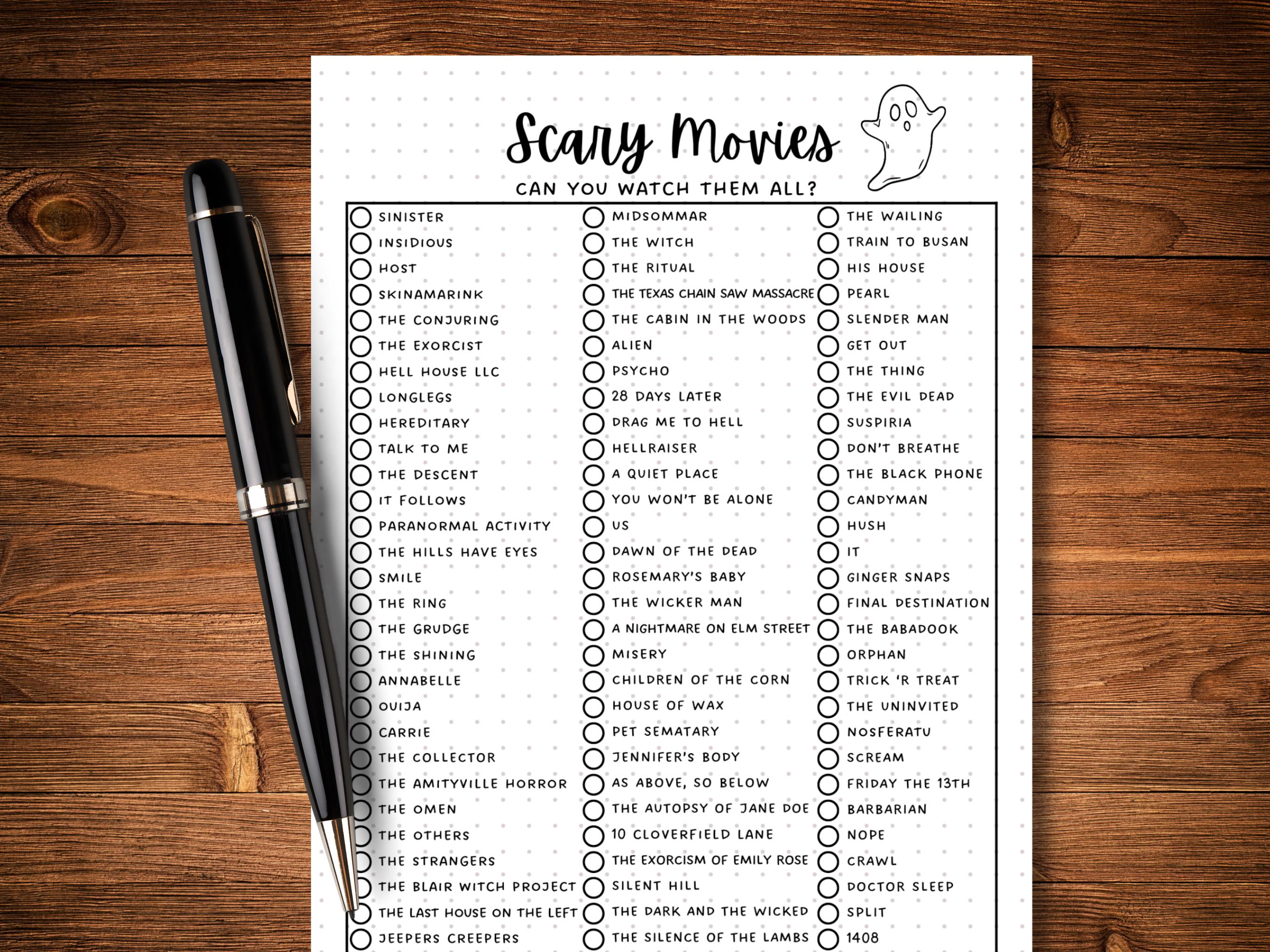 Scary Movies - PRINTABLE Journal Page - Scary Movie List - Scary Movie ...