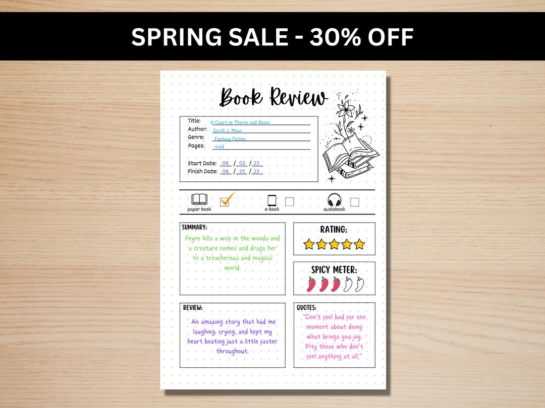Reading Journal A5 Journal Page PRINTABLE Tracker Bookclub Book Review ...