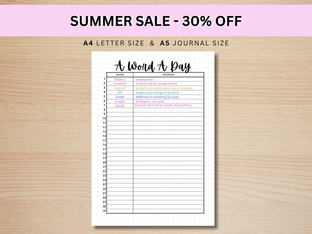 A Word A Day PRINTABLE Journal Page New Word A Day Daily Word Word of ...