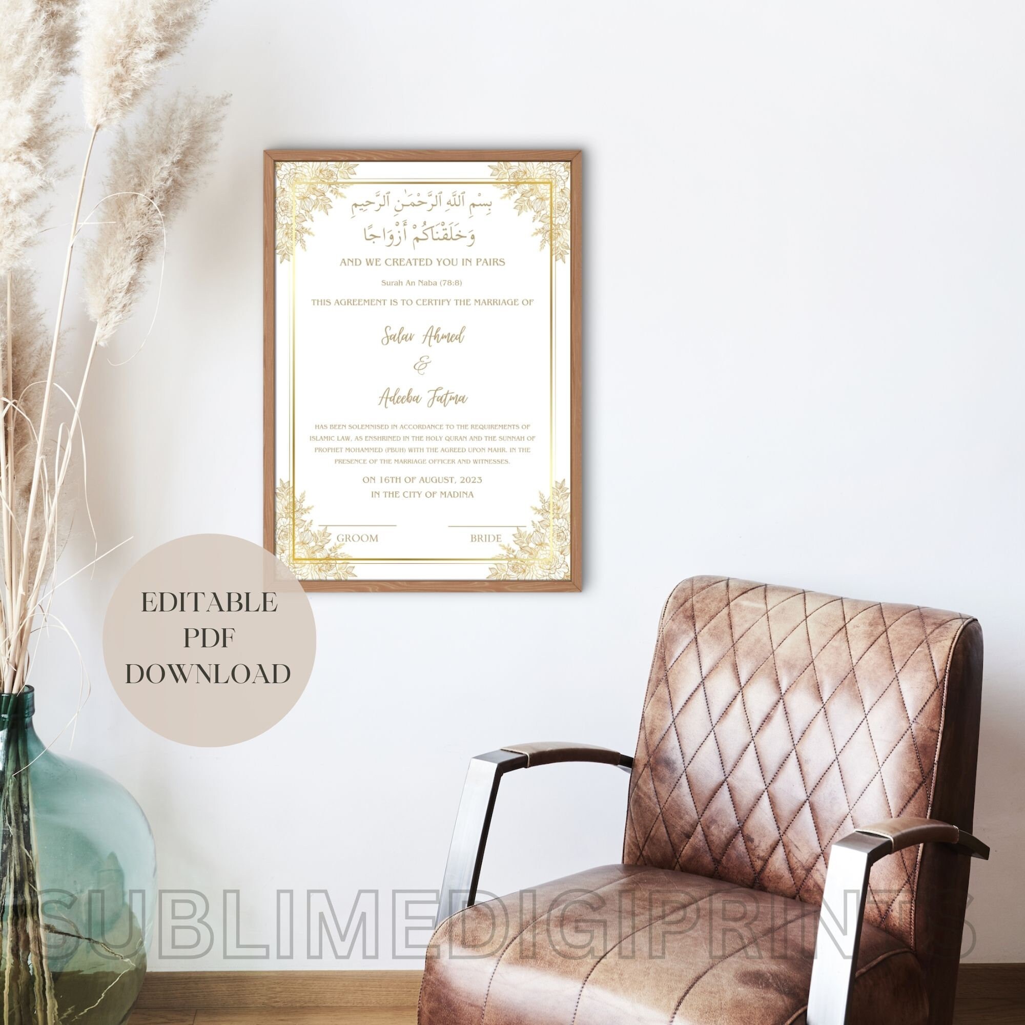 Golden Themed Nikah Certificate Template, Luxurious Nikah Certificate ...