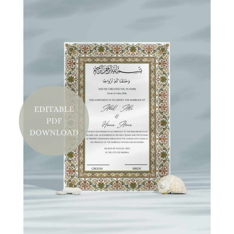 Royal Nikah Certificate Template, Luxurious Nikah Certificate Digital ...