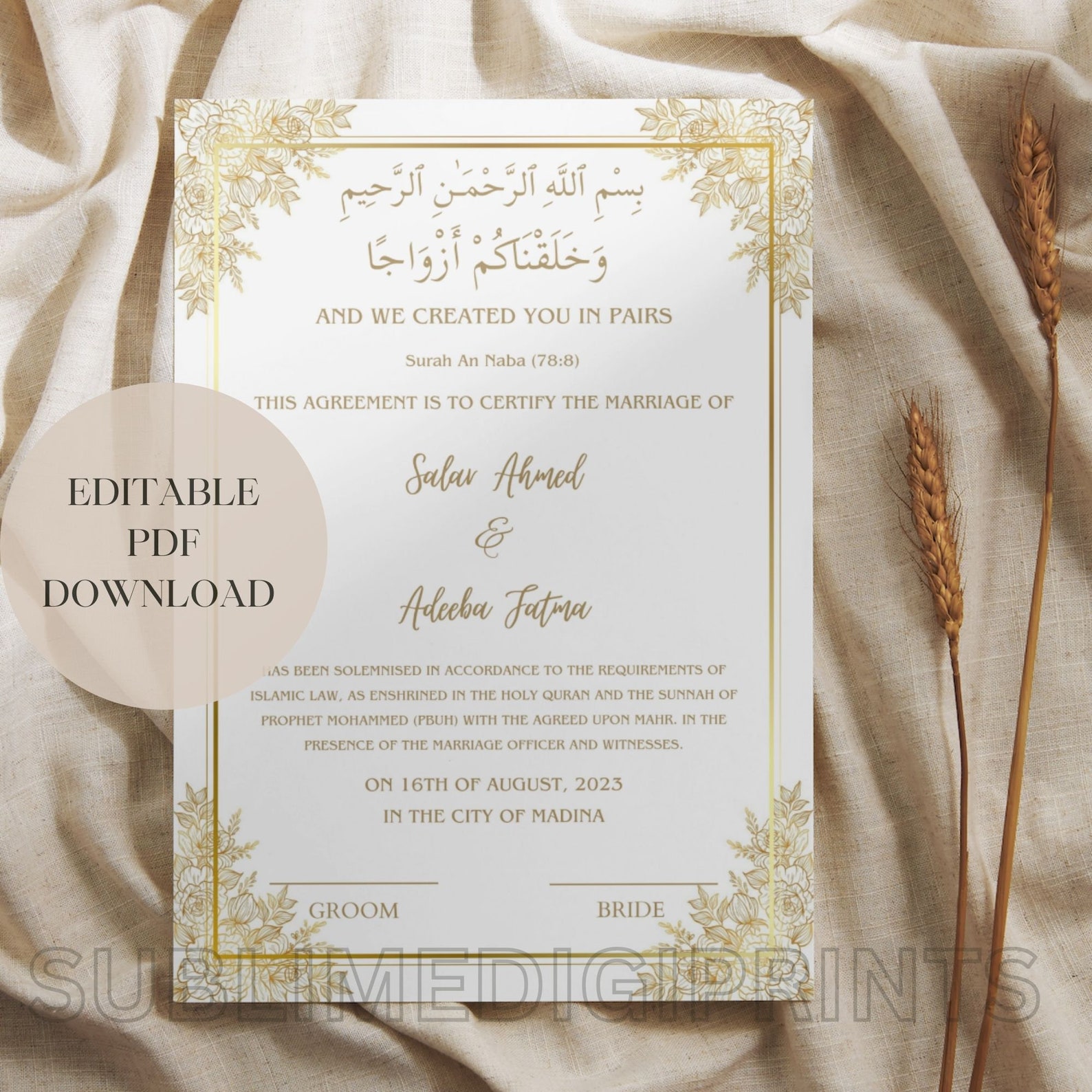 Golden Themed Nikah Certificate Template, Luxurious Nikah Certificate ...