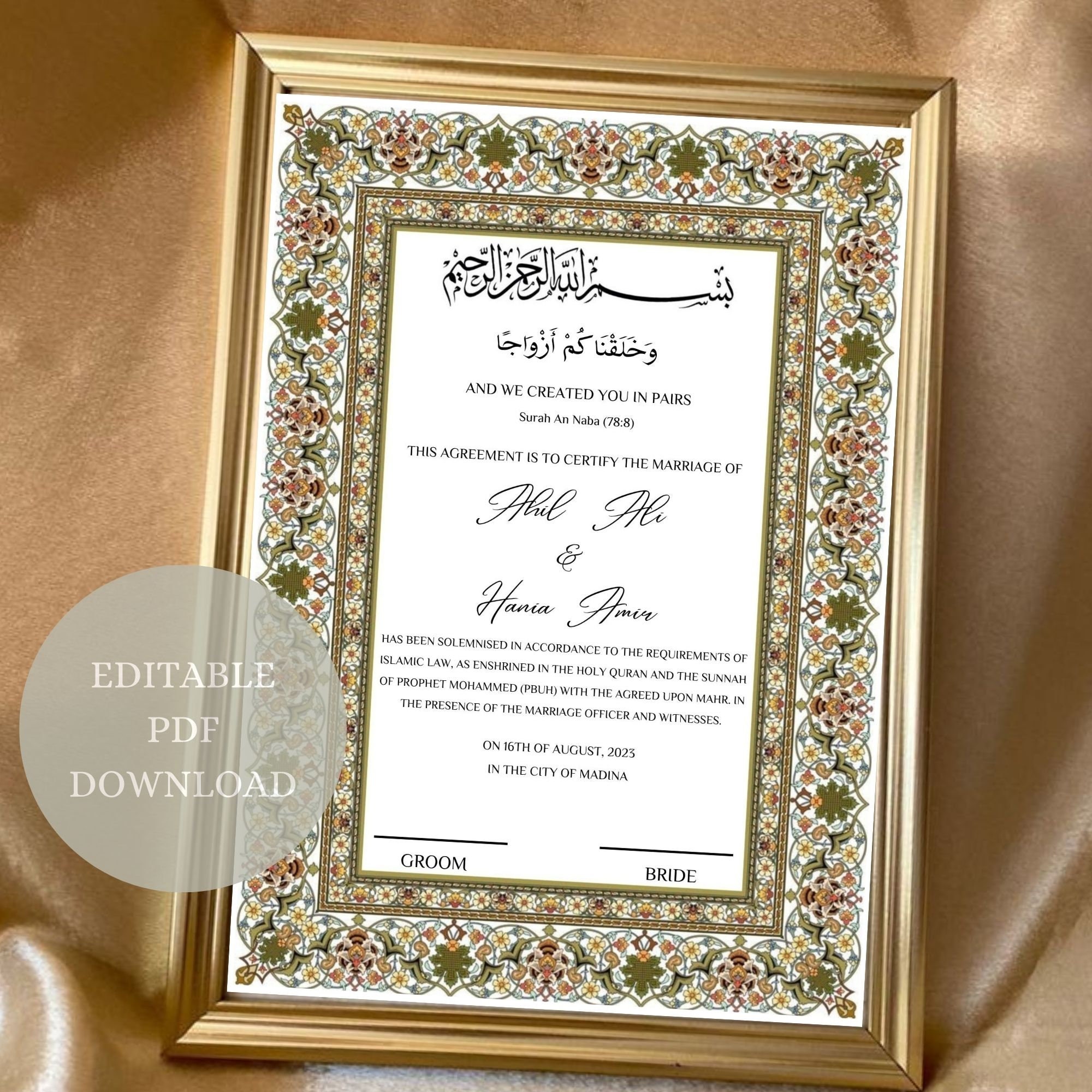 Royal Nikah Certificate Template, Luxurious Nikah Certificate Digital ...