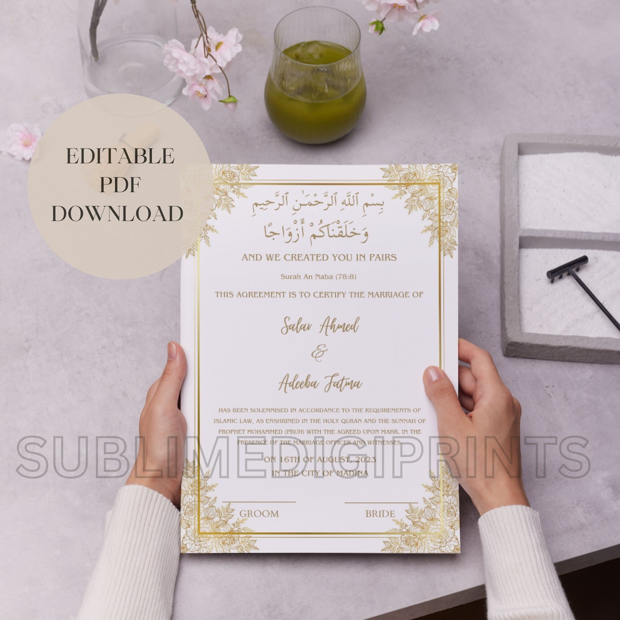 Golden Themed Nikah Certificate Template, Luxurious Nikah Certificate ...