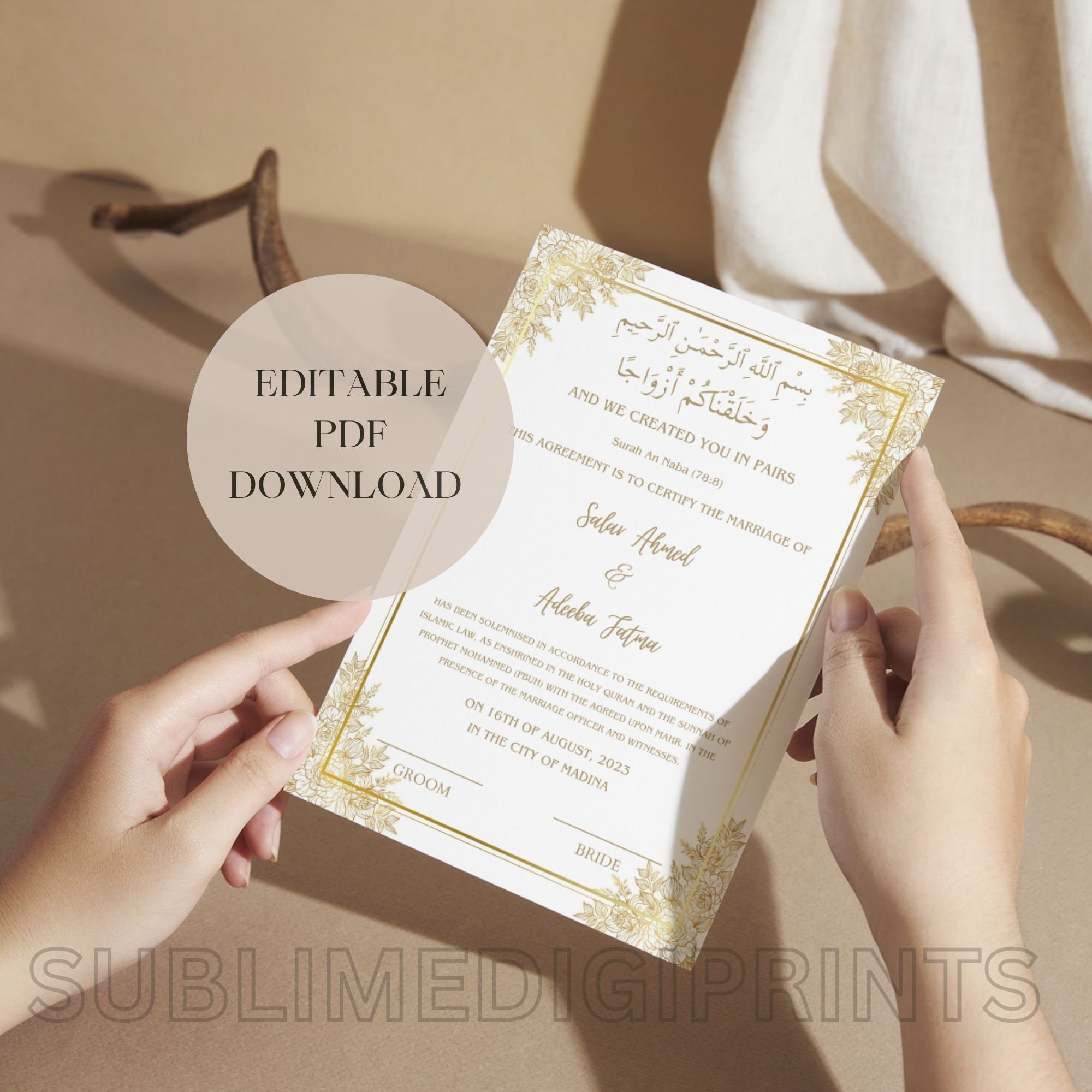 Golden Themed Nikah Certificate Template, Luxurious Nikah Certificate ...