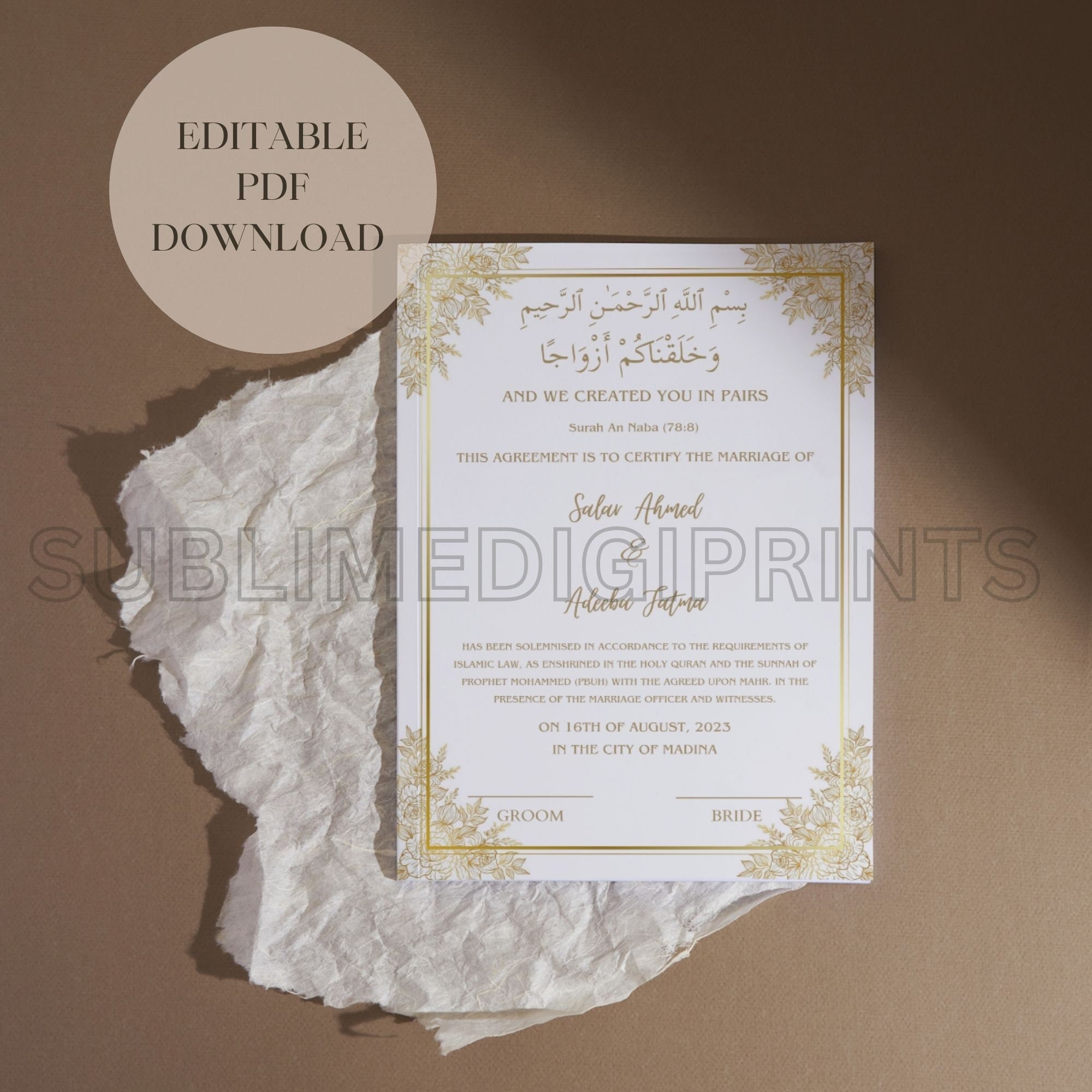 Golden Themed Nikah Certificate Template, Luxurious Nikah Certificate ...