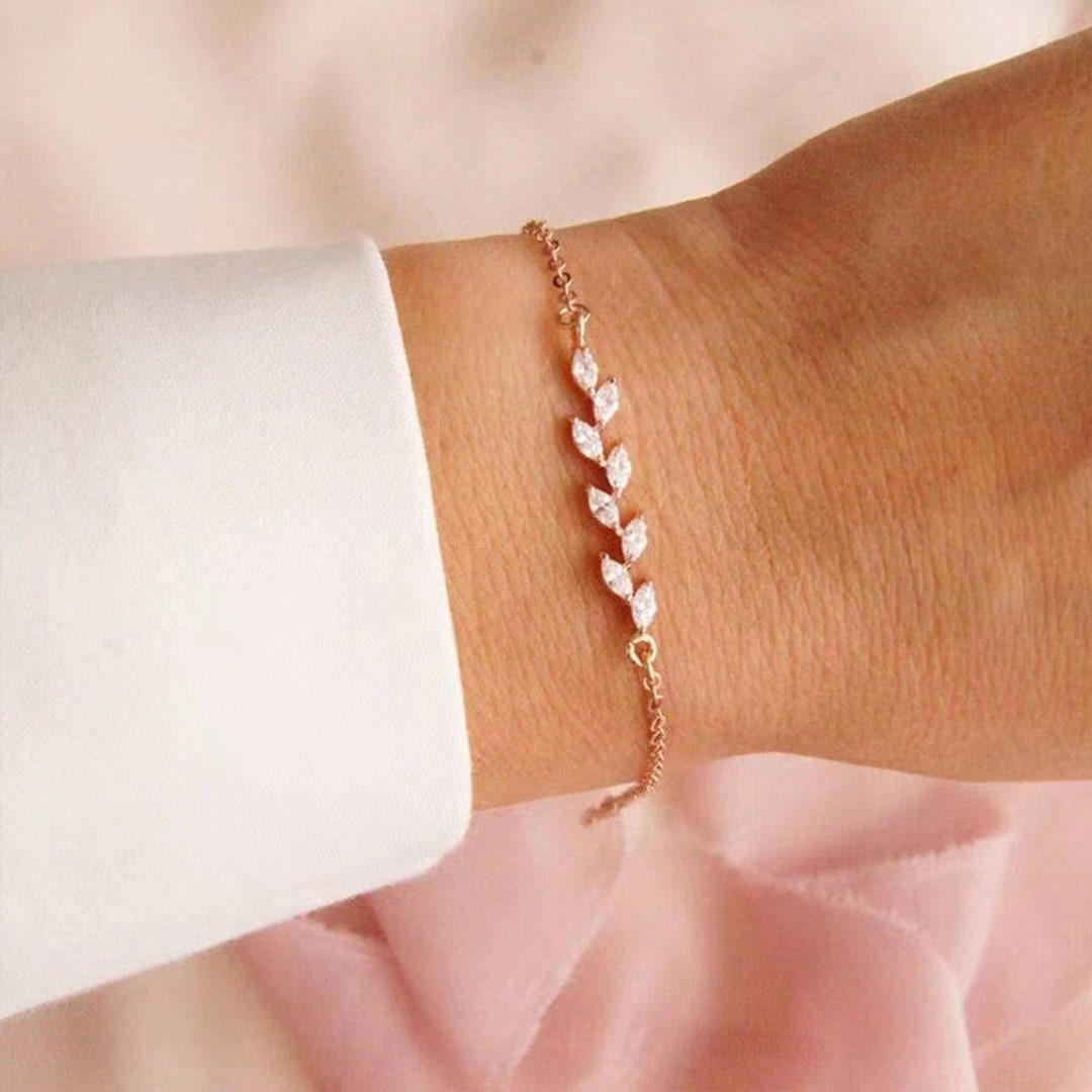 Silver Leaf Bracelet, Gold Leaf Bracelet, Rose Gold Bracelet, Zircon Bridal Leaf Bracelet ...